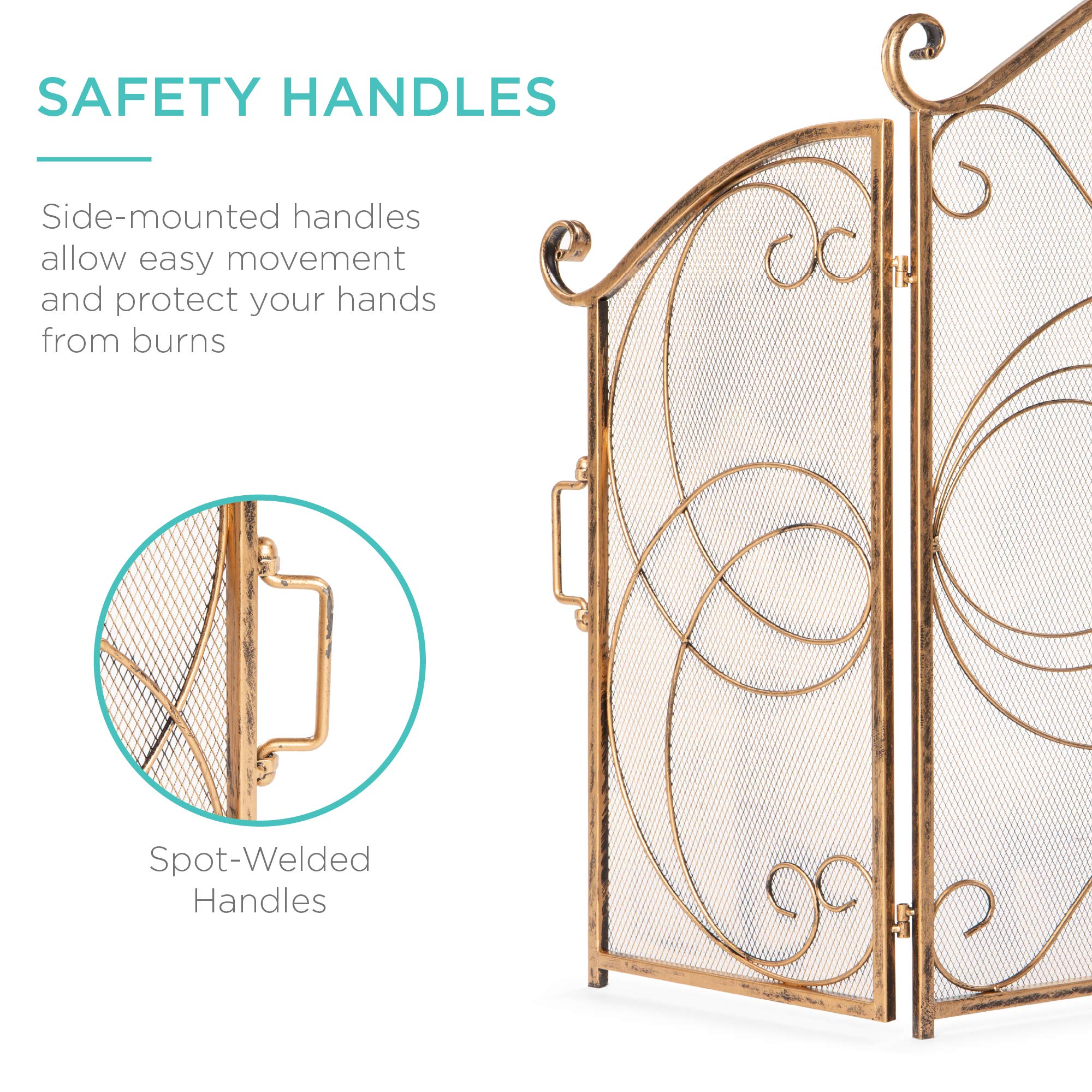 Best Choice Products 3-Panel 55x33in Solid Wrought Iron See-Through Metal Fireplace Screen, Spark Guard Safety Protector w/Decorative Scroll - Gold