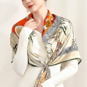 Grace Scarves 100% Silk Scarf, Extra-Large, Emperor's Phoenix, Ivory w Green Trim