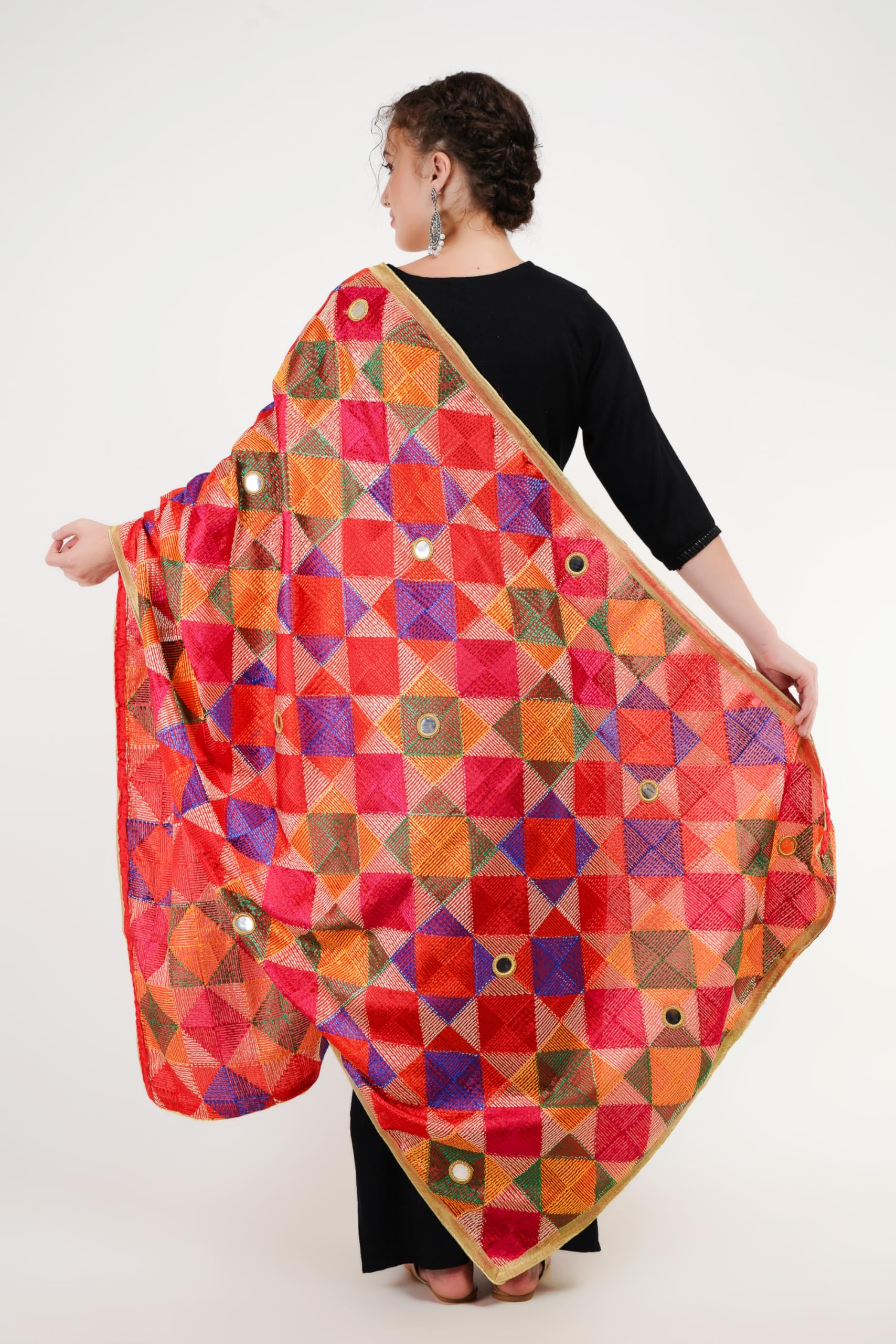 Phulkari Dupattas for Womens Hand Embroidered in Amritsar Punjabi Mirrors Fulkari Design