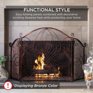 Best Choice Products 3-Panel 55x33in Solid Wrought Iron See-Through Metal Fireplace Screen, Spark Guard Safety Protector w/Decorative Scroll - Gold