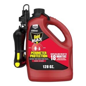 raid max perimeter protection, 1 gallon, indoor & outdoor insecticide spray with reusable electric sprayer