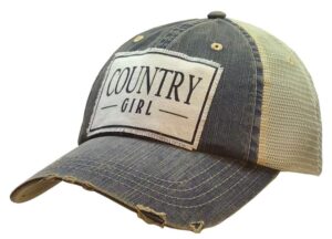 vintage life distressed washed fun baseball trucker mesh cap (country girl (denim blue)), one size