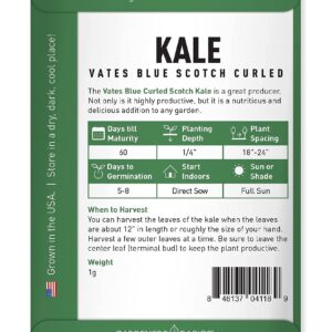 Gardeners Basics, Kale Seeds for Planting, Heirloom, Non-GMO Vegetable Variety - Great for Indoor, Outdoor, and Hydroponics Gardening (Vates Blue Scotch Curled)