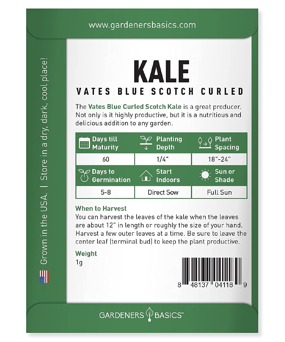 Gardeners Basics, Kale Seeds for Planting, Heirloom, Non-GMO Vegetable Variety - Great for Indoor, Outdoor, and Hydroponics Gardening (Vates Blue Scotch Curled)