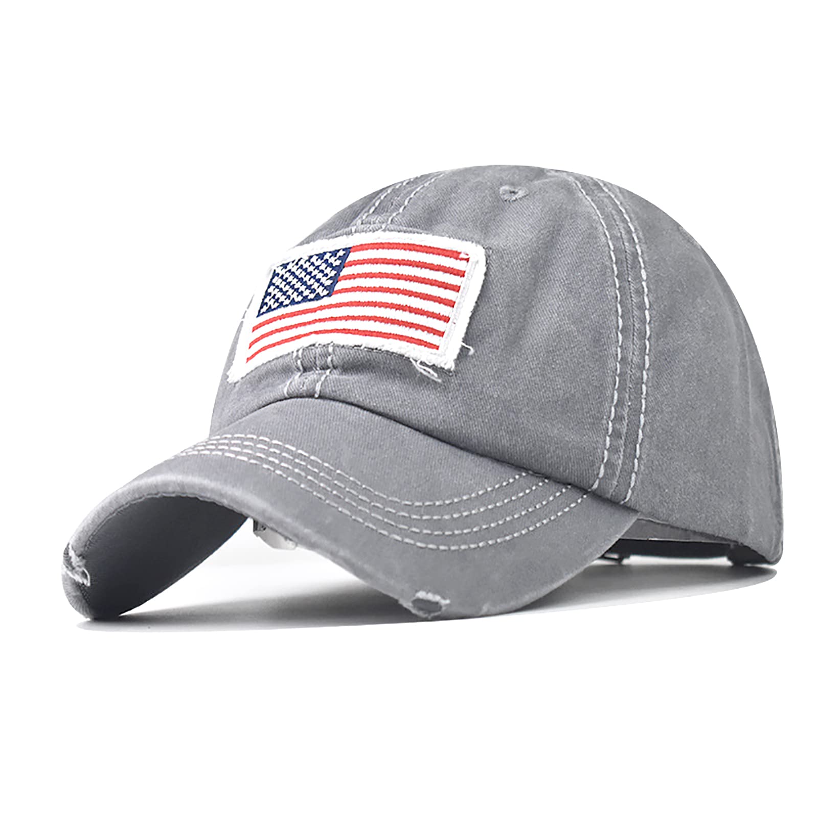 INOGIH Women American Flag Ponytail Hat Embroidery Washed-Cotton Messy Bun Baseball-Cap Adjustable Grey