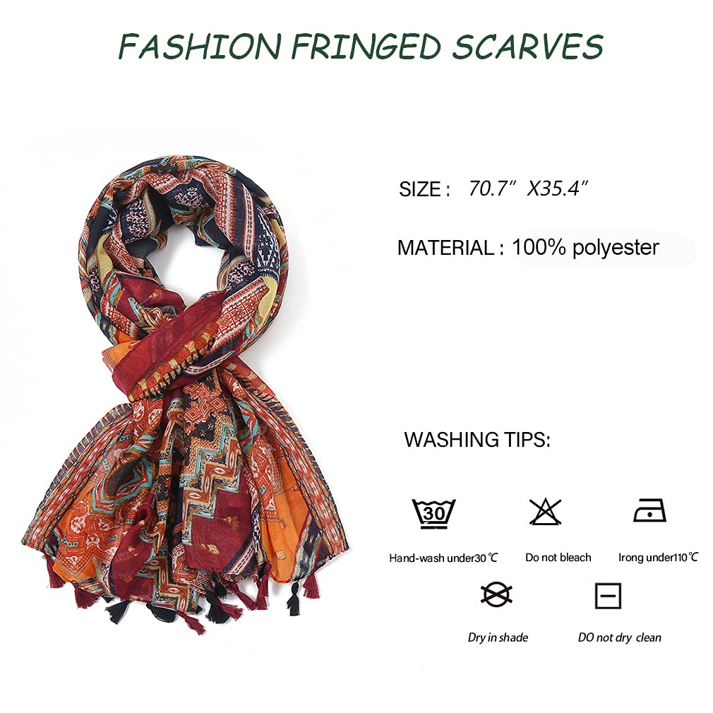 Yeieeo Boho Scarf for Women Lightweight Floral Printed Scarf Fall Winter Fashion Fringed Scarves Wraps Shawl (Floral 12)