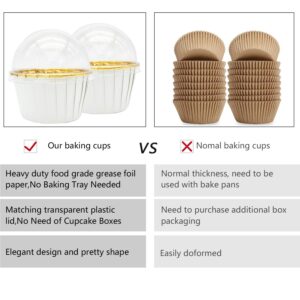 Cupcake Liners with Dome Lids 100Pack,Free-Air 3.5Oz Mini Foil Baking Cups Muffin Liners,Disposable Ramekins Cupcake Tins Cupcake Wrappers for Wedding Birthday Party,with Spoons-White in gold