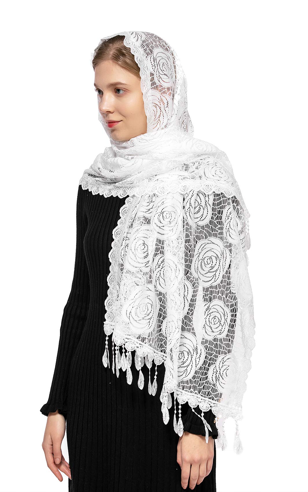 Wgior Rose Rectangular Chapel Veil Scarf Catholic Church Veils Mantilla Wrap Shawl Mass Head Covering (White)