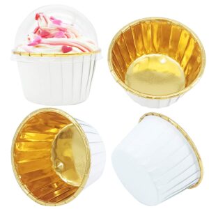 Cupcake Liners with Dome Lids 100Pack,Free-Air 3.5Oz Mini Foil Baking Cups Muffin Liners,Disposable Ramekins Cupcake Tins Cupcake Wrappers for Wedding Birthday Party,with Spoons-White in gold