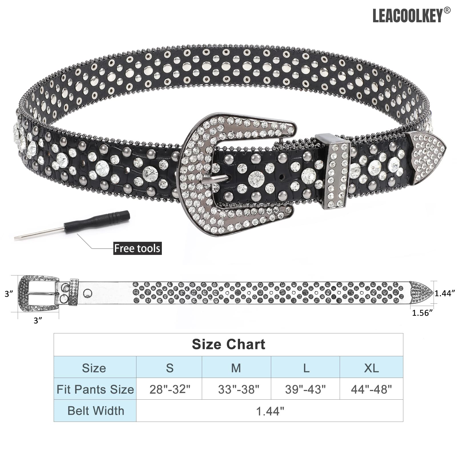 LEACOOLKEY Fashion Rhinestone Belt for Women for Jeans, Western Cowgirl Studded Leather Belt, Ladies Bling Rhinestone Belt, Bling Rhinestone Belt for Women Cowgirl