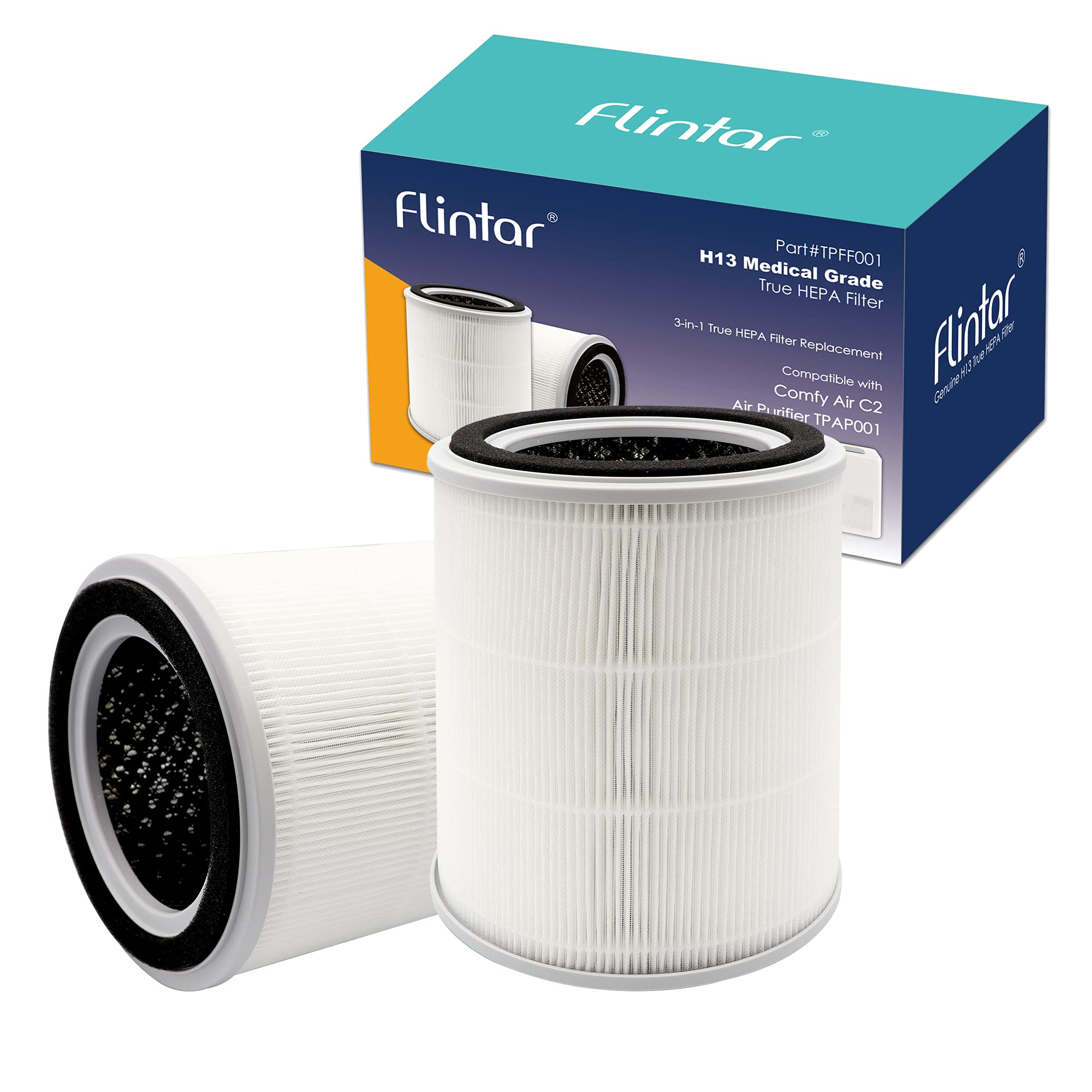 Flintar TPAP001 H13 True HEPA Replacement Filter, Compatible with TOPPIN TPAP001 Air Purifier Comfy Air C2, 3-in-1 H13 True HEPA Filter Set, Part # TPFF001, 2-Pack