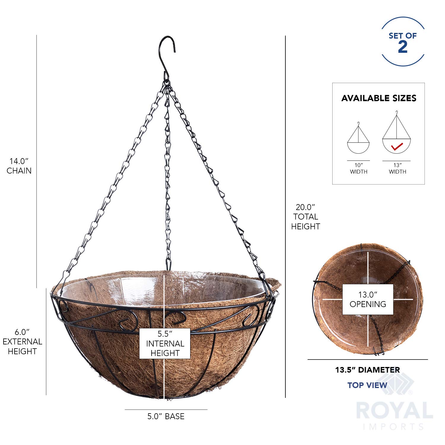 Royal Imports Metal Hanging Planter Flower Basket with Coco Coir Liners 13" Round Wire Outdoor Porch Balcony Garden Décor, Set of 2