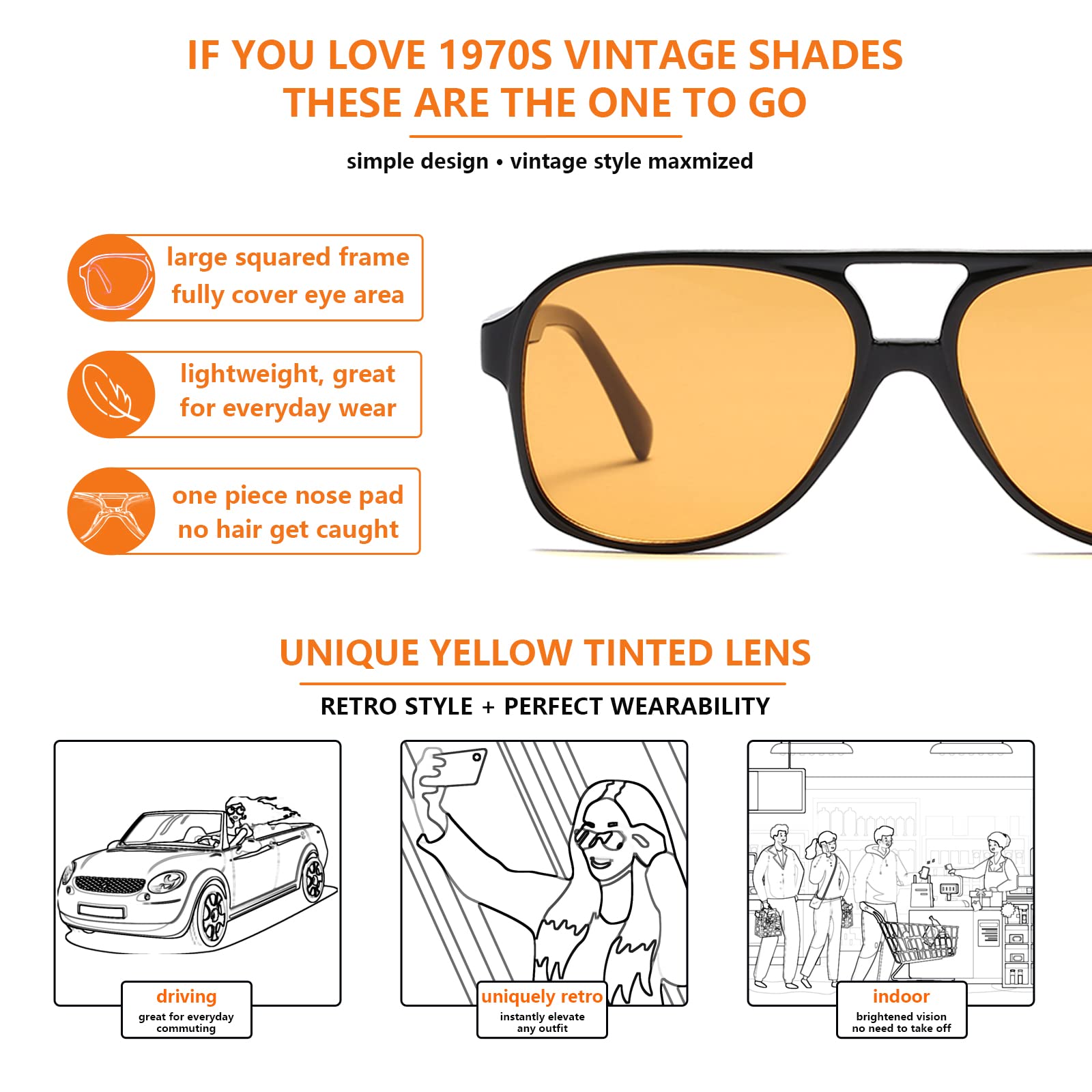 Xpectrum Big 70s Retro Clear Yellow Sunglasses for Men Women Vintage Trendy Sun Glasses (Yellow/Orange)