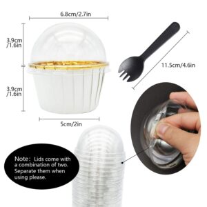 Cupcake Liners with Dome Lids 100Pack,Free-Air 3.5Oz Mini Foil Baking Cups Muffin Liners,Disposable Ramekins Cupcake Tins Cupcake Wrappers for Wedding Birthday Party,with Spoons-White in gold