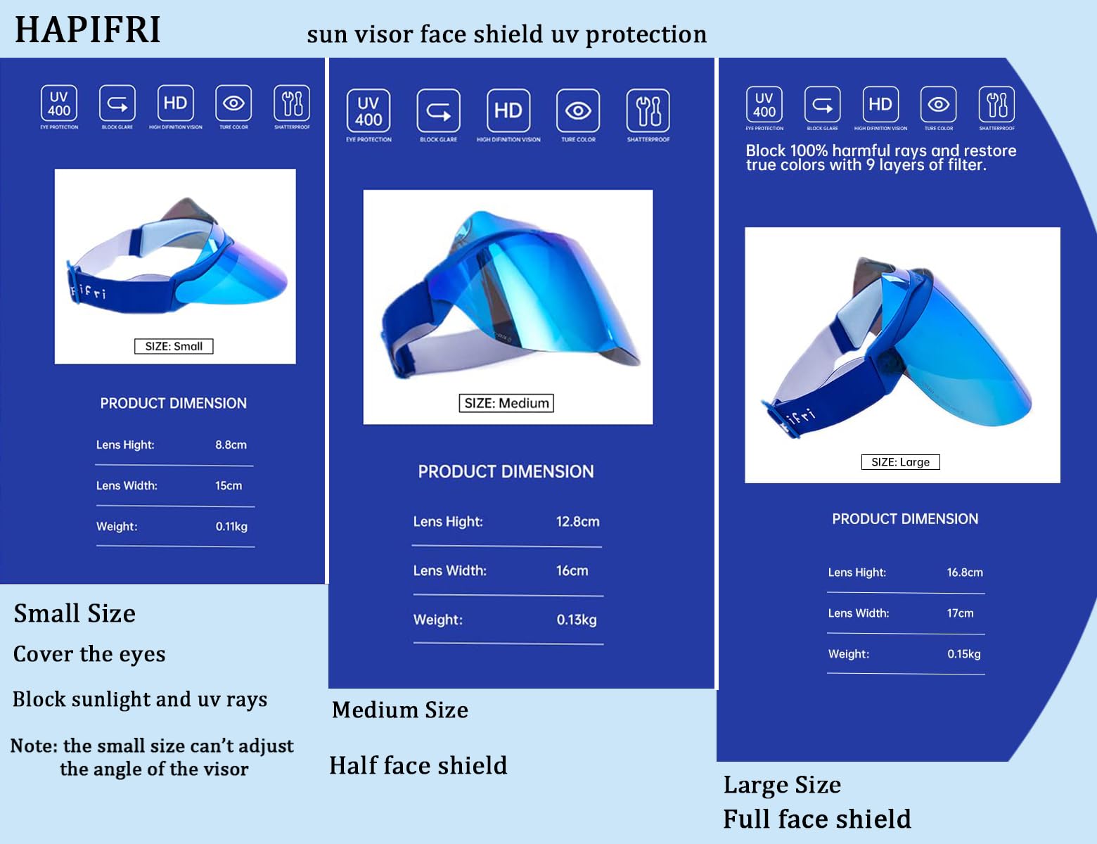 Hapifri UV Protection Face Shield, Unisex Facial Sun Visor for Men Women Outdoors Sports Driving, UPF 70+,100% UV400 Face Visor（Laboratory Test Certificate with Adjustable Headband Blue L…