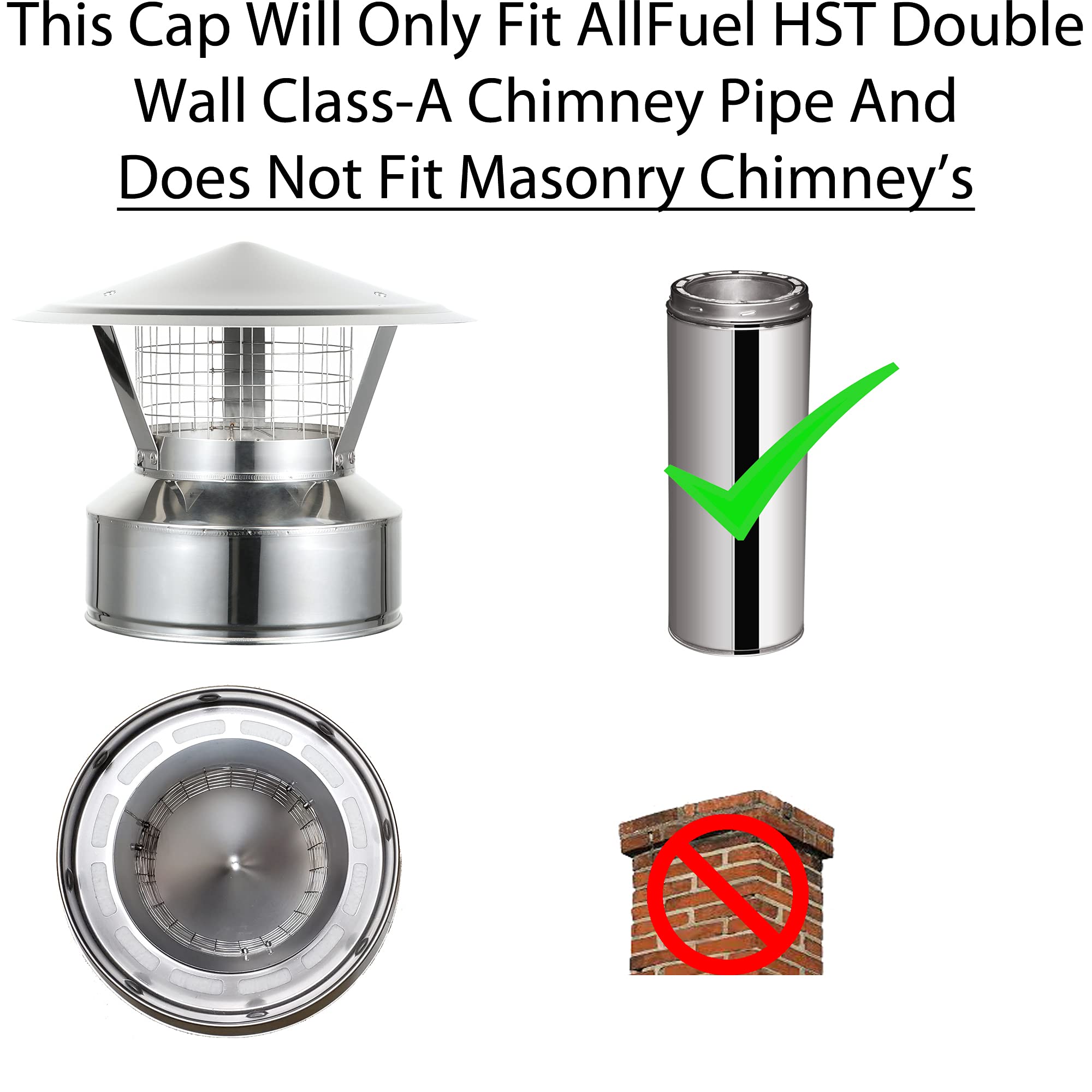 AllFuel HST Rain Cap with 3/4" Spark Arrestor for 6" Diameter 304 Stainless Steel All Fuel Class-A Double Wall Insulated Chimney Pipe