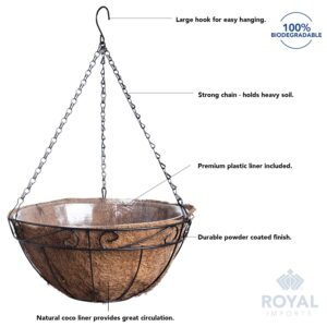 Royal Imports Metal Hanging Planter Flower Basket with Coco Coir Liners 13" Round Wire Outdoor Porch Balcony Garden Décor, Set of 2