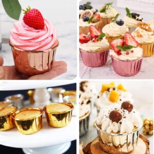 Cupcake Liners with Dome Lids 100Pack,Free-Air 3.5Oz Mini Foil Baking Cups Muffin Liners,Disposable Ramekins Cupcake Tins Cupcake Wrappers for Wedding Birthday Party,with Spoons-White in gold