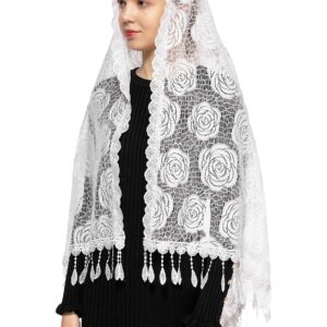 Wgior Rose Rectangular Chapel Veil Scarf Catholic Church Veils Mantilla Wrap Shawl Mass Head Covering (White)