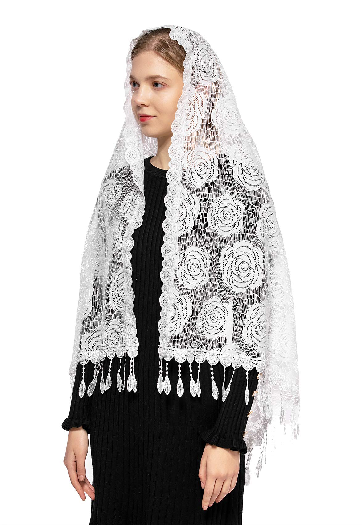 Wgior Rose Rectangular Chapel Veil Scarf Catholic Church Veils Mantilla Wrap Shawl Mass Head Covering (White)