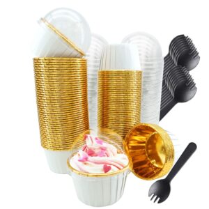 cupcake liners with dome lids 100pack,free-air 3.5oz mini foil baking cups muffin liners,disposable ramekins cupcake tins cupcake wrappers for wedding birthday party,with spoons-white in gold