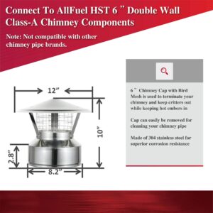 AllFuel HST Rain Cap with 3/4" Spark Arrestor for 6" Diameter 304 Stainless Steel All Fuel Class-A Double Wall Insulated Chimney Pipe