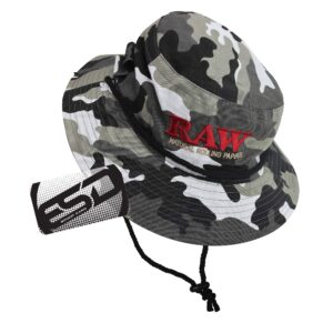 raw camo smokermans hat large sized - functional bucket hat with four preroll slots for cones or storage tubes - 100% cotton