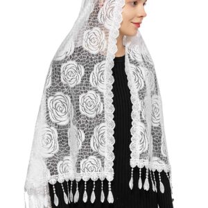 Wgior Rose Rectangular Chapel Veil Scarf Catholic Church Veils Mantilla Wrap Shawl Mass Head Covering (White)