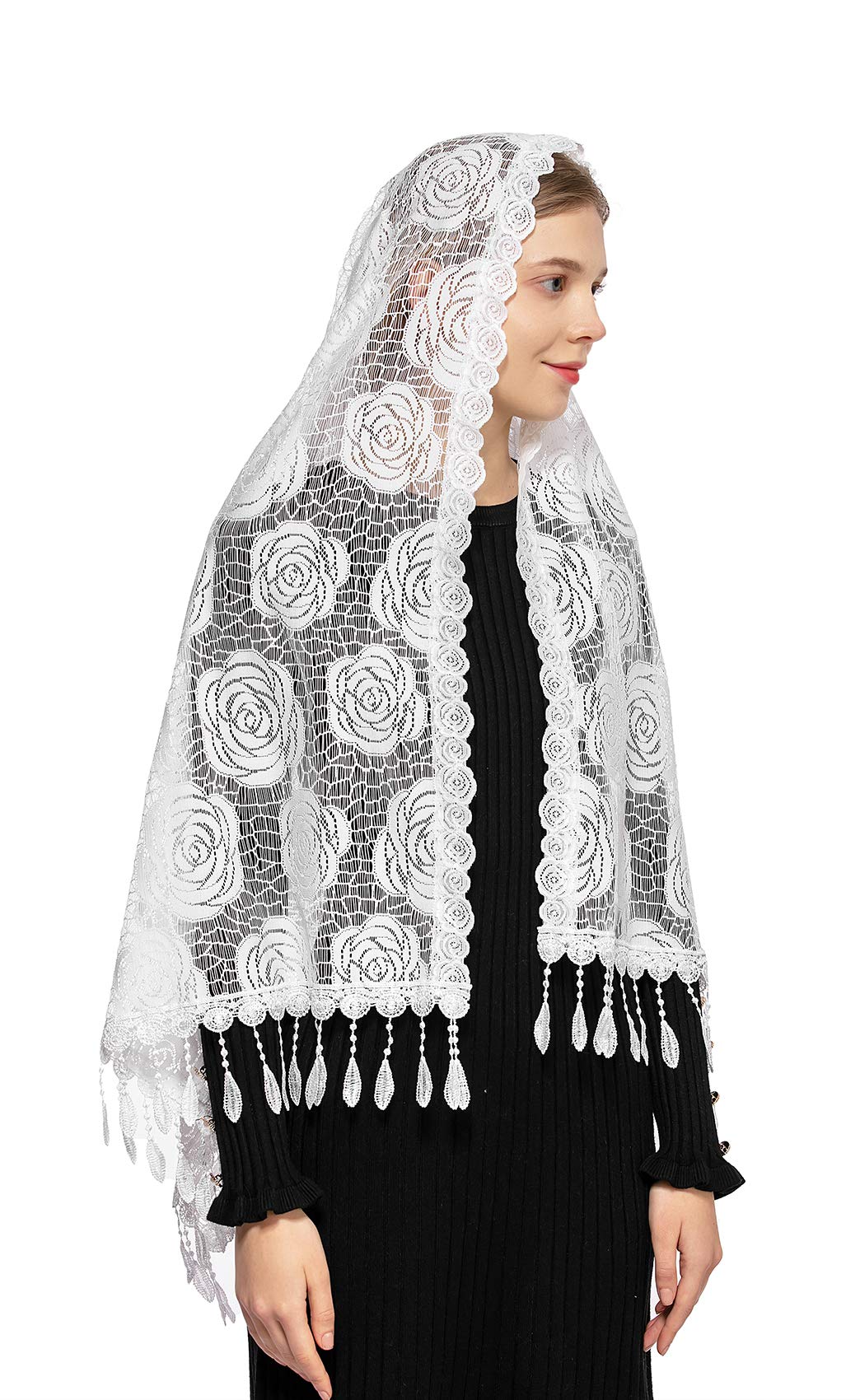 Wgior Rose Rectangular Chapel Veil Scarf Catholic Church Veils Mantilla Wrap Shawl Mass Head Covering (White)