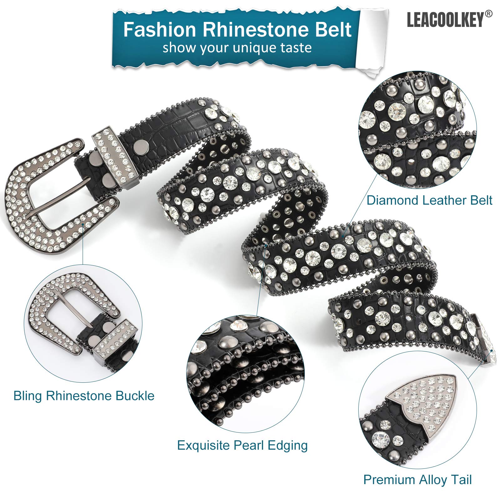 LEACOOLKEY Fashion Rhinestone Belt for Women for Jeans, Western Cowgirl Studded Leather Belt, Ladies Bling Rhinestone Belt, Bling Rhinestone Belt for Women Cowgirl