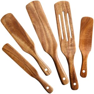 wooden spurtle kitchen utensils,qwkit 5pcs premium natural teak wood slotted spurtle spatulas spoons set for nonstick cookware kitchen cooking heat resistant non stick (5)