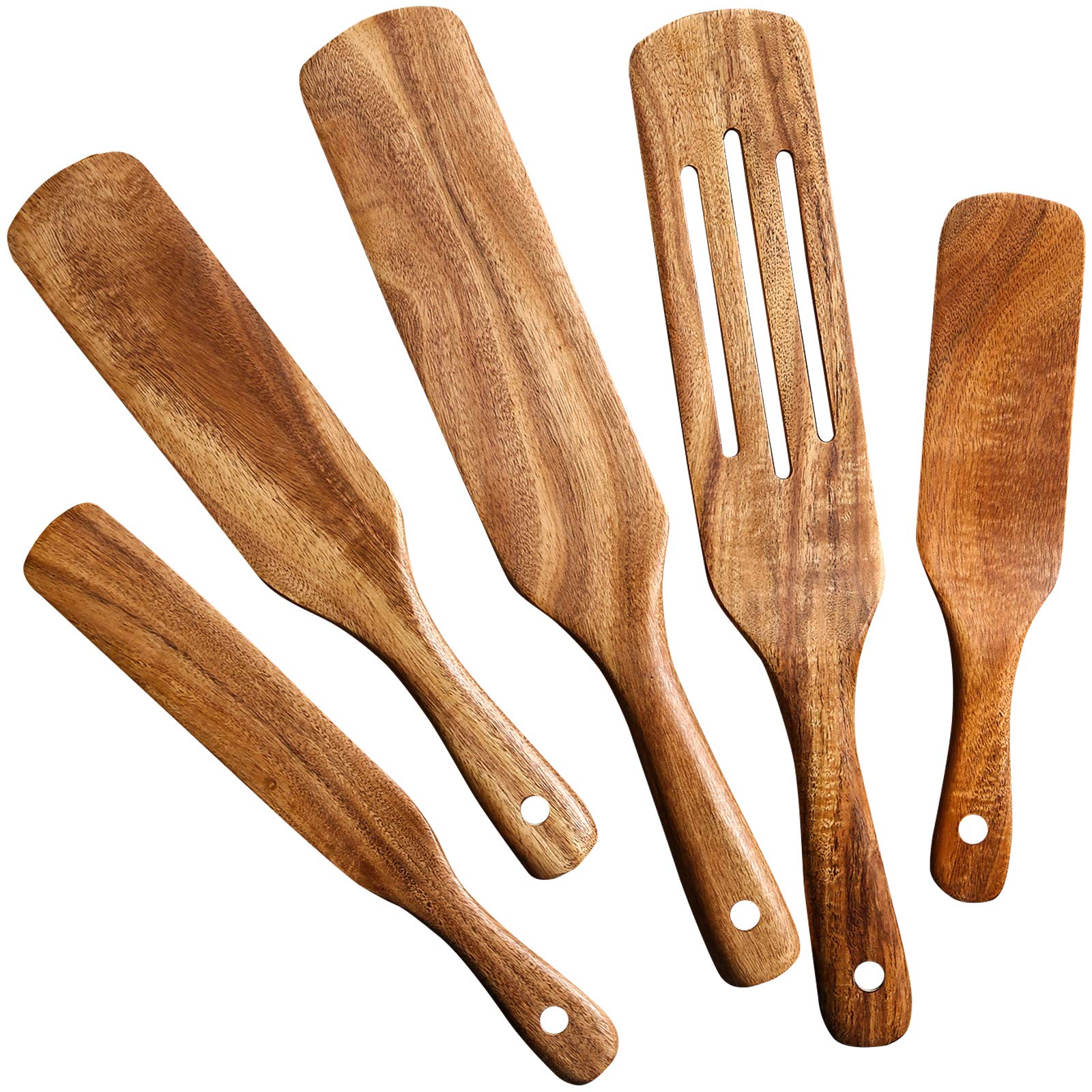 Wooden Spurtle Kitchen Utensils,QWKIT 5Pcs Premium Natural Teak Wood Slotted Spurtle Spatulas Spoons Set for Nonstick Cookware Kitchen Cooking Heat Resistant Non Stick (5)