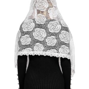 Wgior Rose Rectangular Chapel Veil Scarf Catholic Church Veils Mantilla Wrap Shawl Mass Head Covering (White)