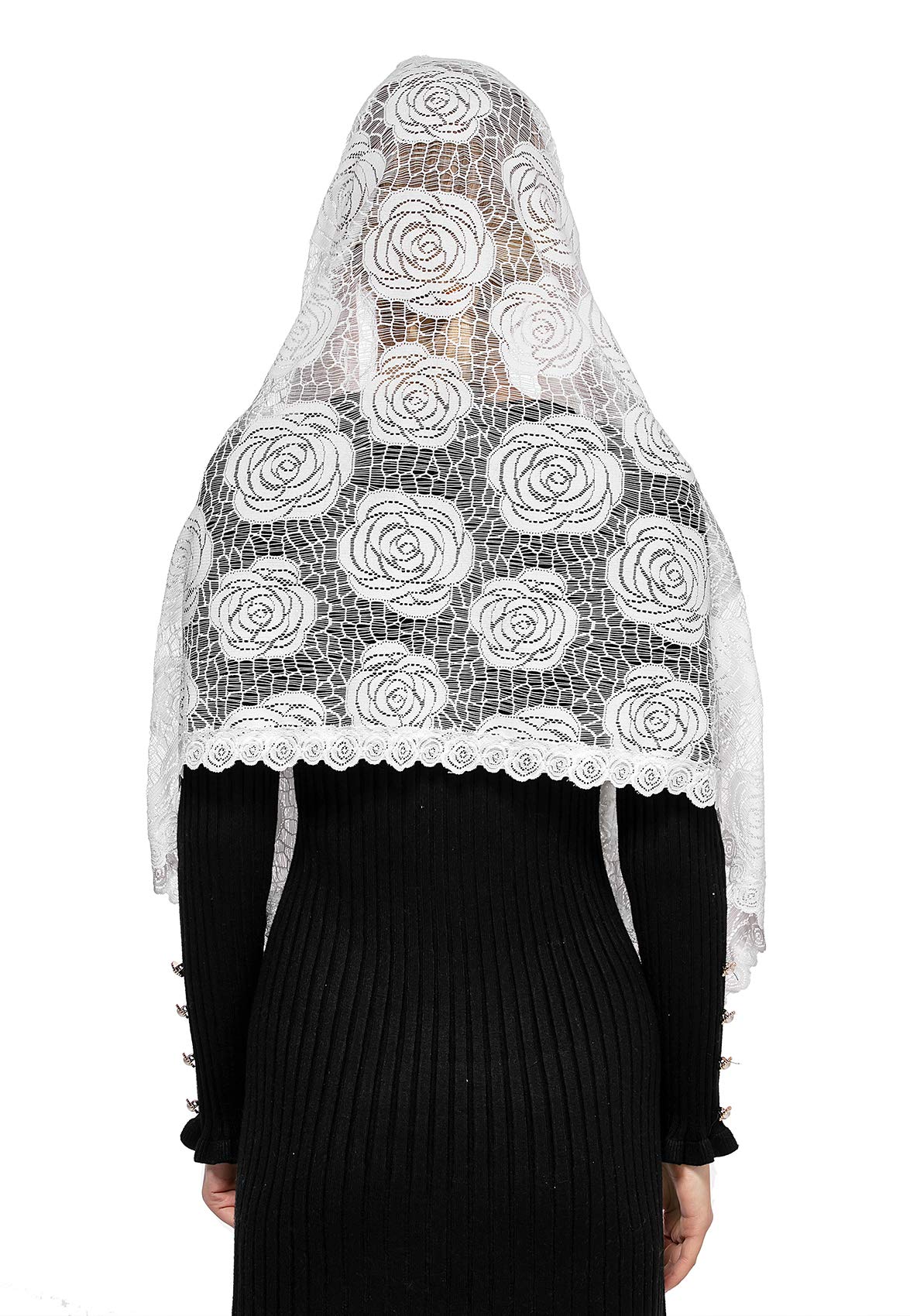 Wgior Rose Rectangular Chapel Veil Scarf Catholic Church Veils Mantilla Wrap Shawl Mass Head Covering (White)