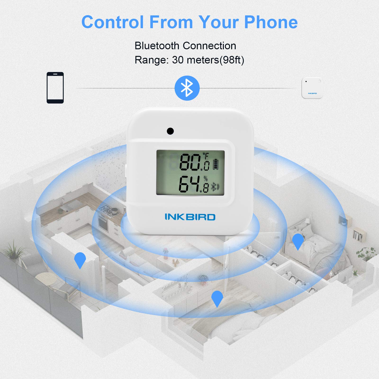 Inkbird Smart Thermometer Temperature and Humidity Monitor Hygrometer Indoor, Free APP for iOS and Android, IBS-TH2 Plus Version Supports External Temperature Probe and Digital Display.