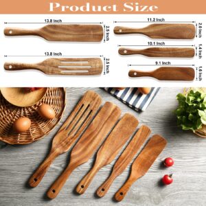 Wooden Spurtle Kitchen Utensils,QWKIT 5Pcs Premium Natural Teak Wood Slotted Spurtle Spatulas Spoons Set for Nonstick Cookware Kitchen Cooking Heat Resistant Non Stick (5)