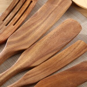 Wooden Spurtle Kitchen Utensils,QWKIT 5Pcs Premium Natural Teak Wood Slotted Spurtle Spatulas Spoons Set for Nonstick Cookware Kitchen Cooking Heat Resistant Non Stick (5)