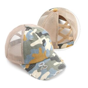 c.c exclusives washed distressed cotton denim criss-cross ponytail hat baseball cap bundle hair tie (bt-783) (a elastic band-beige/camo)