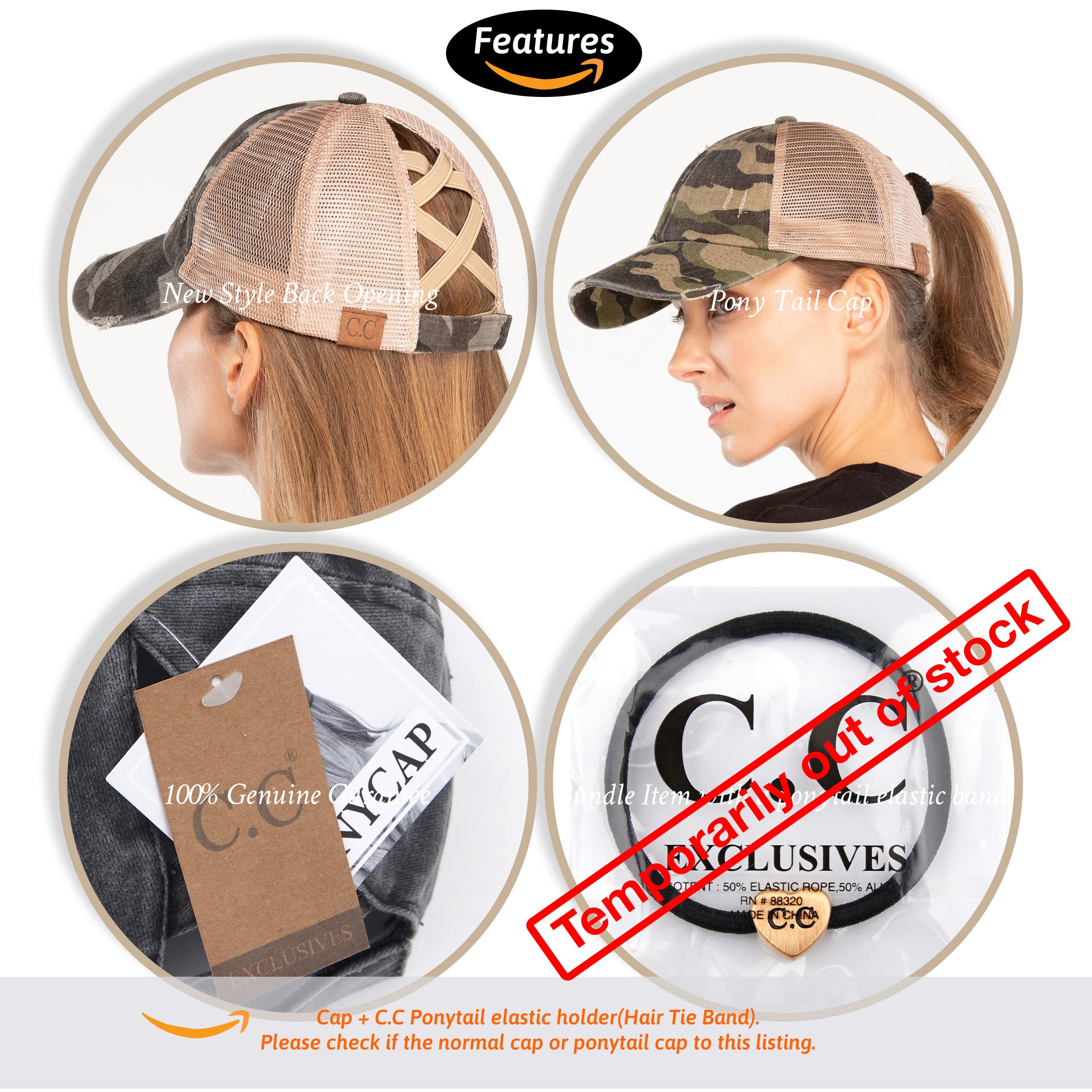 C.C Exclusives Washed Distressed Cotton Denim Criss-Cross Ponytail Hat Baseball Cap Bundle Hair Tie (BT-783) (A Elastic Band-Beige/Camo)