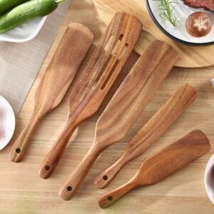 Wooden Spurtle Kitchen Utensils,QWKIT 5Pcs Premium Natural Teak Wood Slotted Spurtle Spatulas Spoons Set for Nonstick Cookware Kitchen Cooking Heat Resistant Non Stick (5)