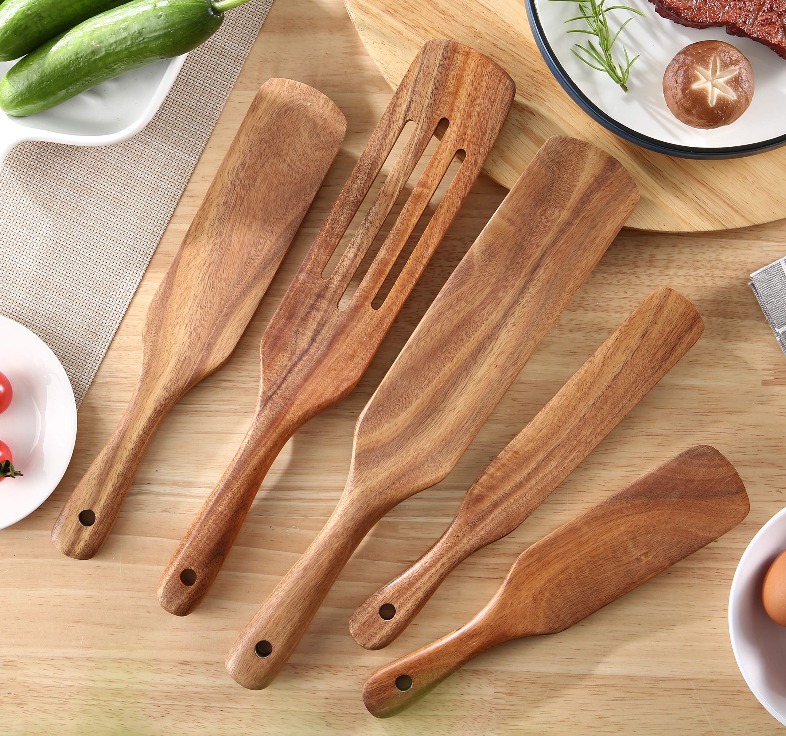 Wooden Spurtle Kitchen Utensils,QWKIT 5Pcs Premium Natural Teak Wood Slotted Spurtle Spatulas Spoons Set for Nonstick Cookware Kitchen Cooking Heat Resistant Non Stick (5)