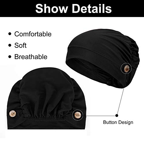 Geyoga 3 Pieces Bouffant Caps with Buttons Unisex Stretchy Headband Turban with Buttons for Women (Black)