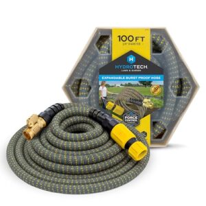 hydrotech 100 ft expandable garden hose - burst proof & lightweight, flexible water hose with durable reinfordced latex core & solid brass fittings for lawn, garden, car washing