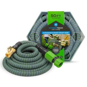 hydrotech 50 ft expandable garden hose - burst proof & lightweight, flexible water hose with durable reinfordced latex core & solid brass fittings for lawn, garden, car washing