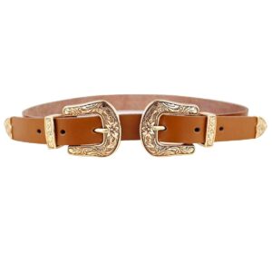 clara women vintage western waist belt double buckle belt pu leather waistband for jeans dress (brown)