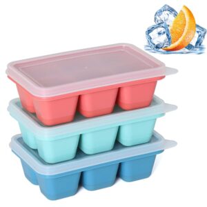 kiyoki ice cube trays for freezer 3 pack - mini ice cube trays with lid & easy-release silicone bottom, stackable small ice cube molds, blue+red+mint green