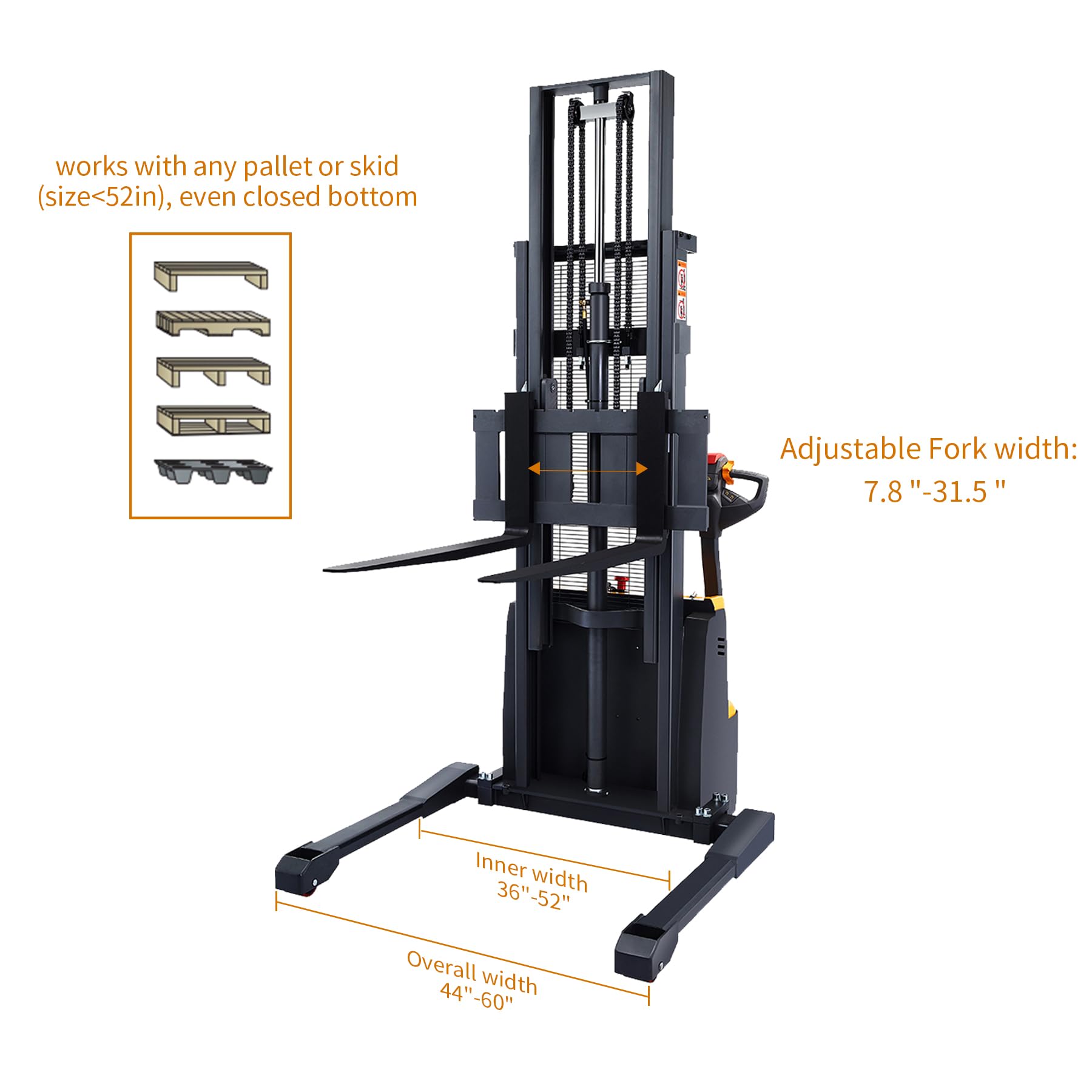 APOLLO Semi-Electric Stacker Pallet Jack Straddle Legs Forklift 3300lbs Capacity 98" Lifting Height with Adjustable Forks for Material Lift