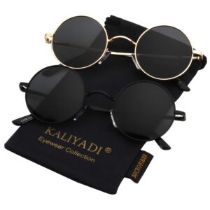 kaliyadi round polarized sunglasses for men women retro metal hippie circle style sun glasses uv protection (2 pack) 45mm