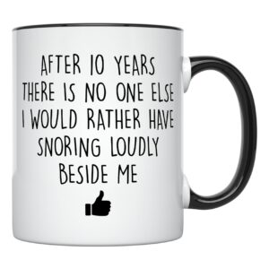 younique designs 10 year anniversary mug, 11 ounces, funny 10th anniversary coffee mug for him, tenth year wedding anniversary cup, 10th wedding anniversary mug for husband and wife (black handle)