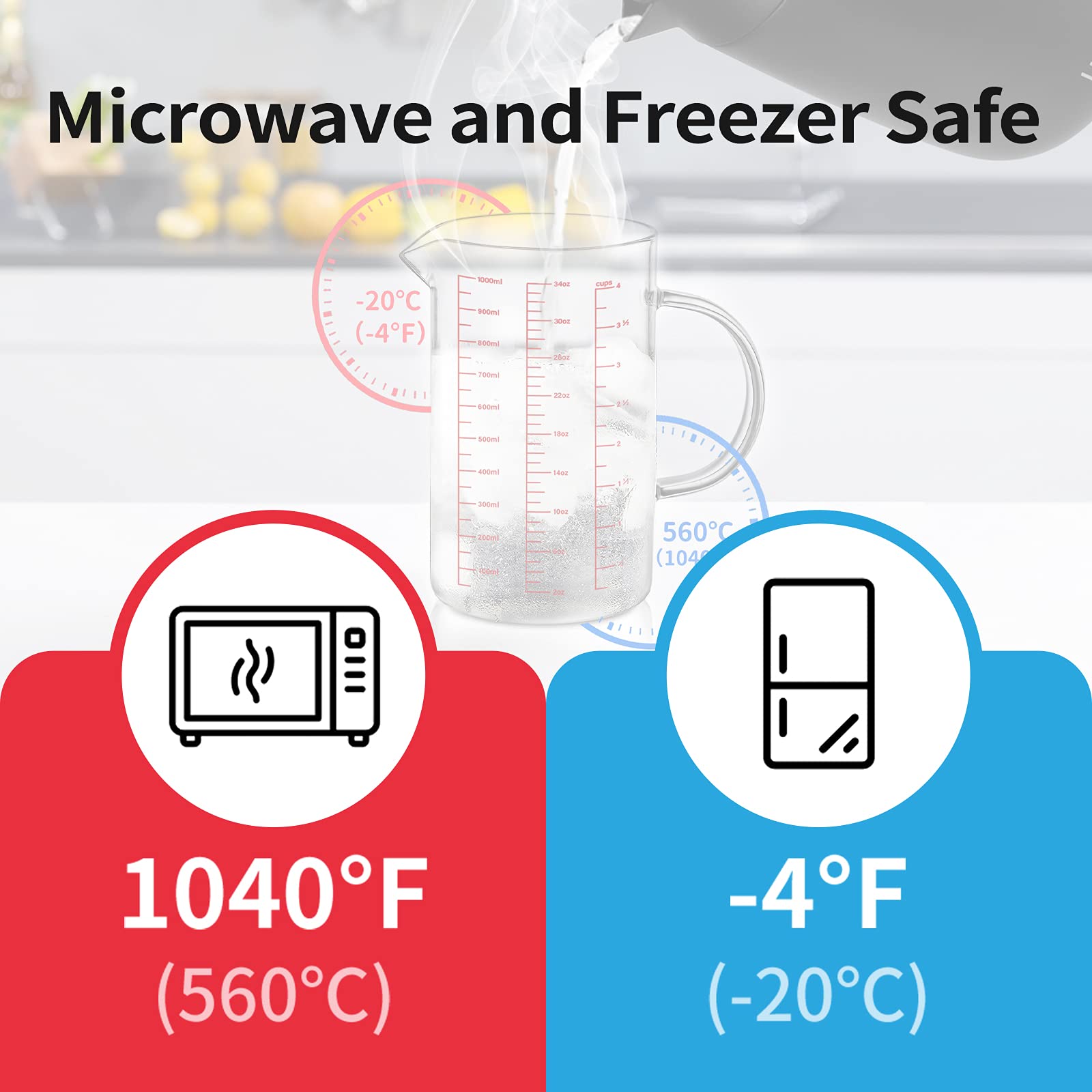 Luvan 34OZ/1000ML Glass Measuring Cup, 4 Cup Glass Measuring Cup With 3 Scales (Ml/Oz/Cup), High Borosilicate Glass Measuring Cup With Handle and V-Shaped Spout, Dishwasher/Freezer/Microwave Safe